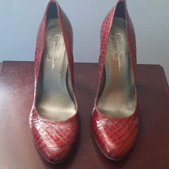 Jessica Simpson | Shoes | Jessica Simpson Red Snakeskin Round Toe High ...
